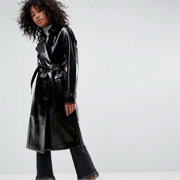 ASOS | Jackets & Coats | Asos Black Vinyl Belted Trench Coat | Poshmark